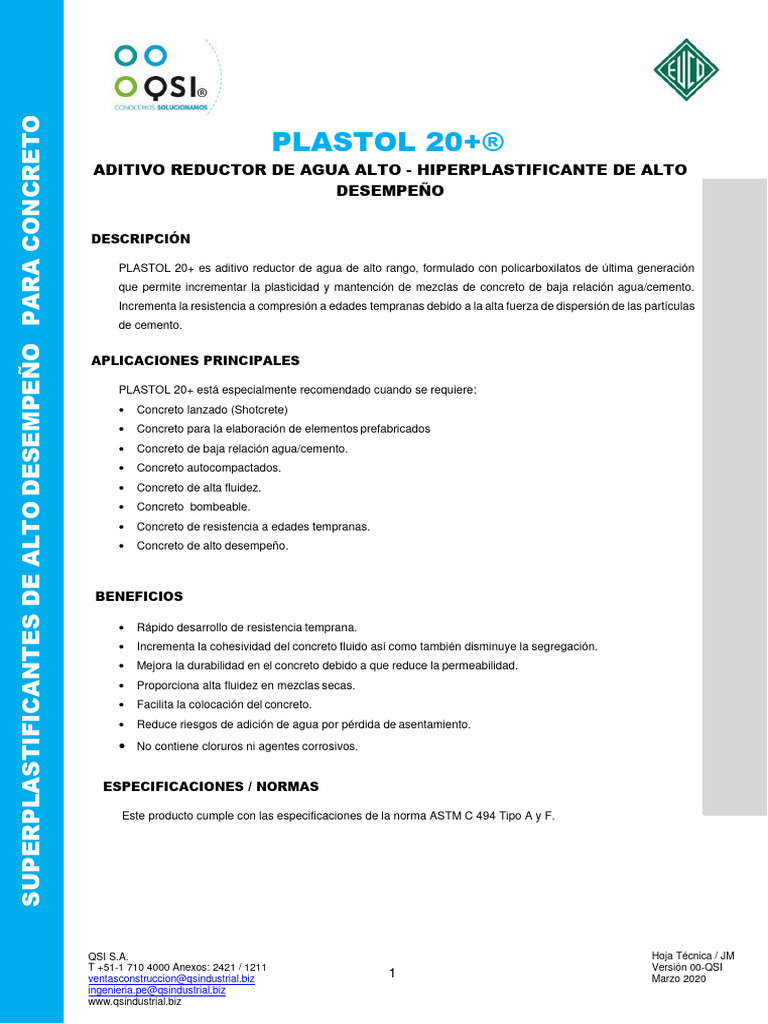 REDUCTOR DE AGUA HT-Plastol-20-V00-2020 | PDF | Hormigón | Cemento