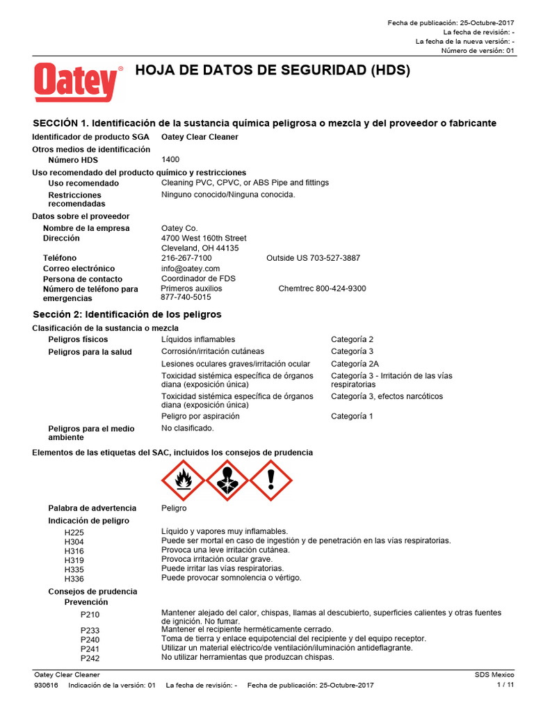 Hoja Seguridad Limpiador Transparente | PDF | Residuos | Agua