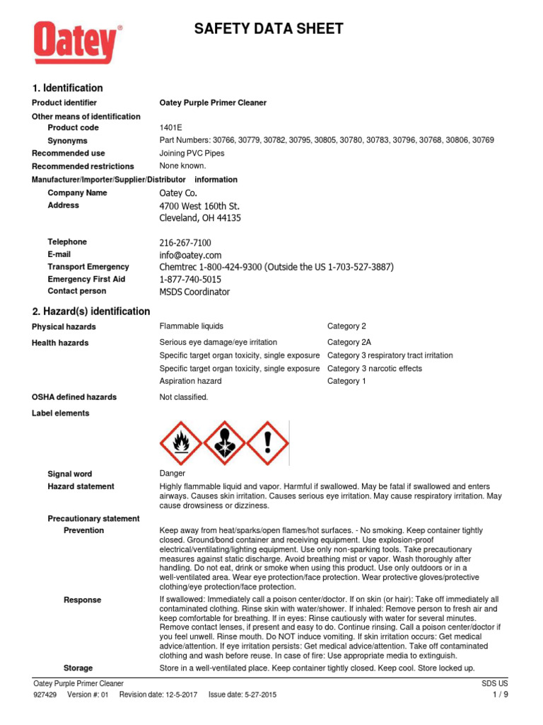Oatey Purple Primer Safety Data Sheet | PDF | Personal Protective ...