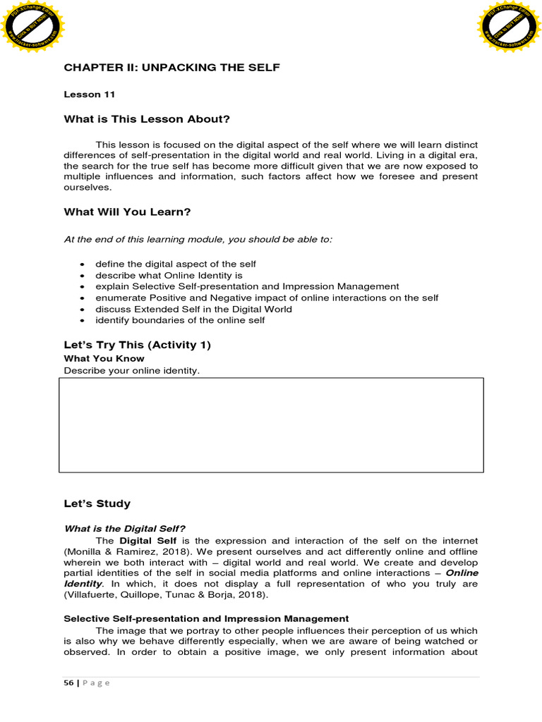 UTS Module Lesson The Digital Self 2122 | PDF | Social Psychology | Psychological Concepts