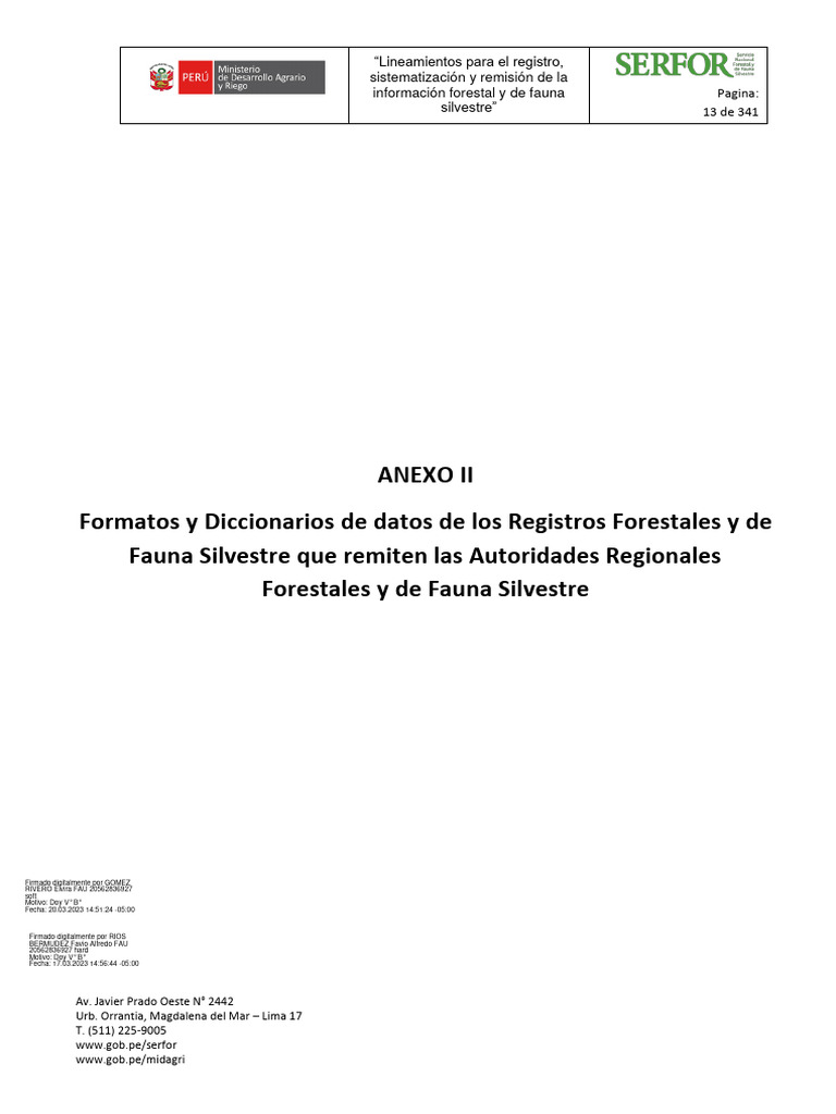 C. Anexo N 02. Formatos y Diccionarios de Datos de Los Registros Forestales y de Fauna ...