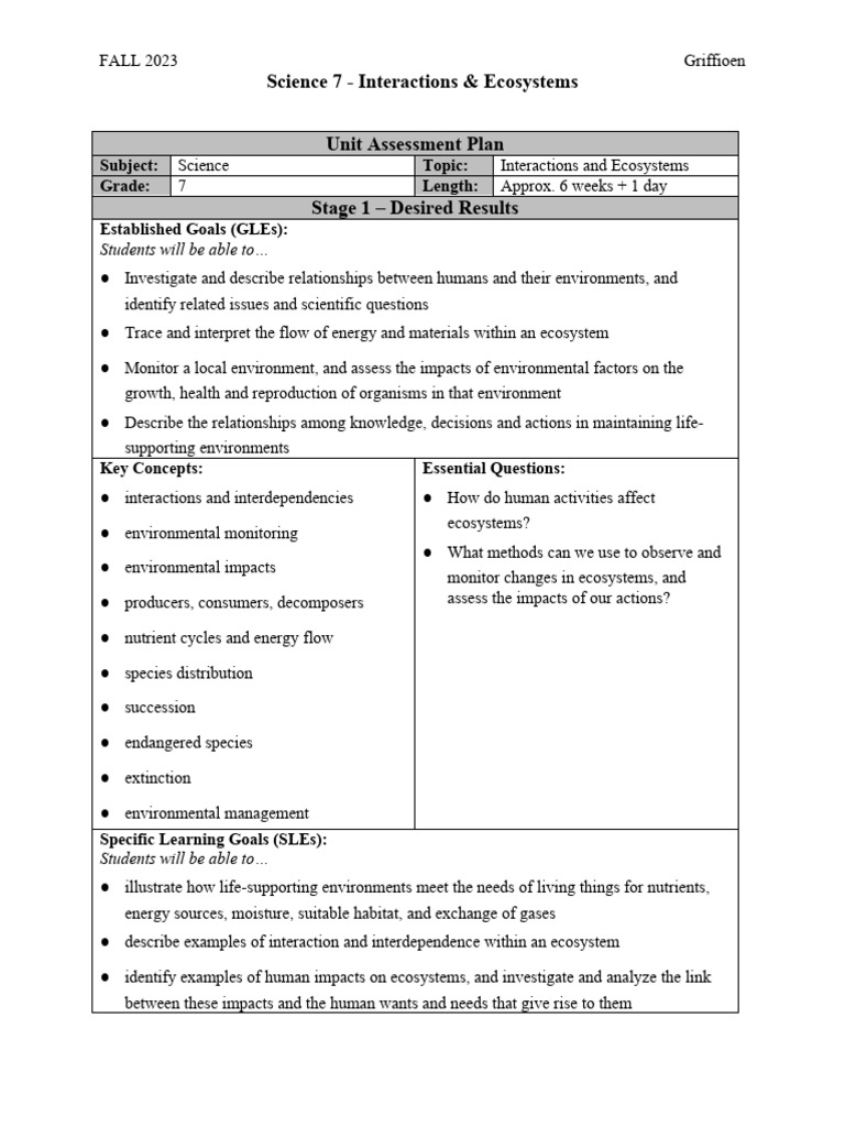 Grade 7 Ecosystems Unit Assessment Plan | PDF | Ecosystem | Natural ...