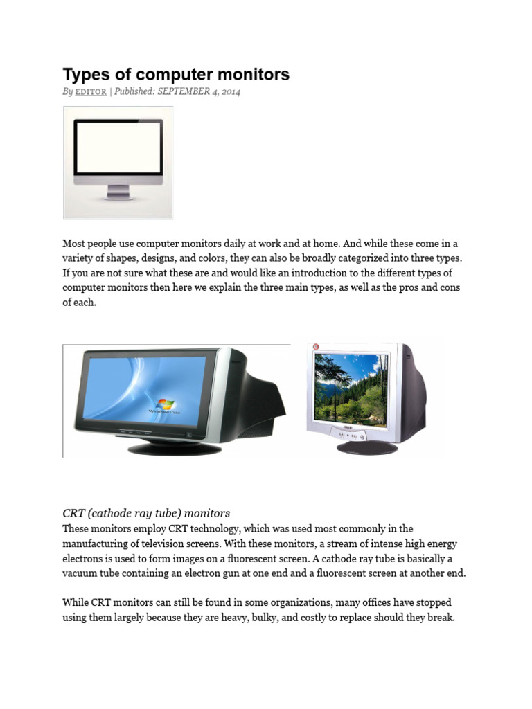 Types of Computer Monitors: by - Published: SEPTEMBER 4, 2014 | PDF ...