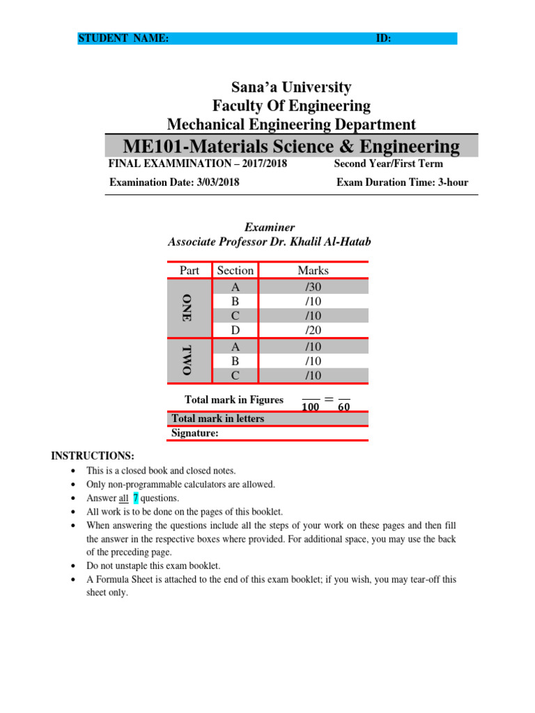 ME101 Materials Science Exam | PDF | Chemical Bond | Crystallite