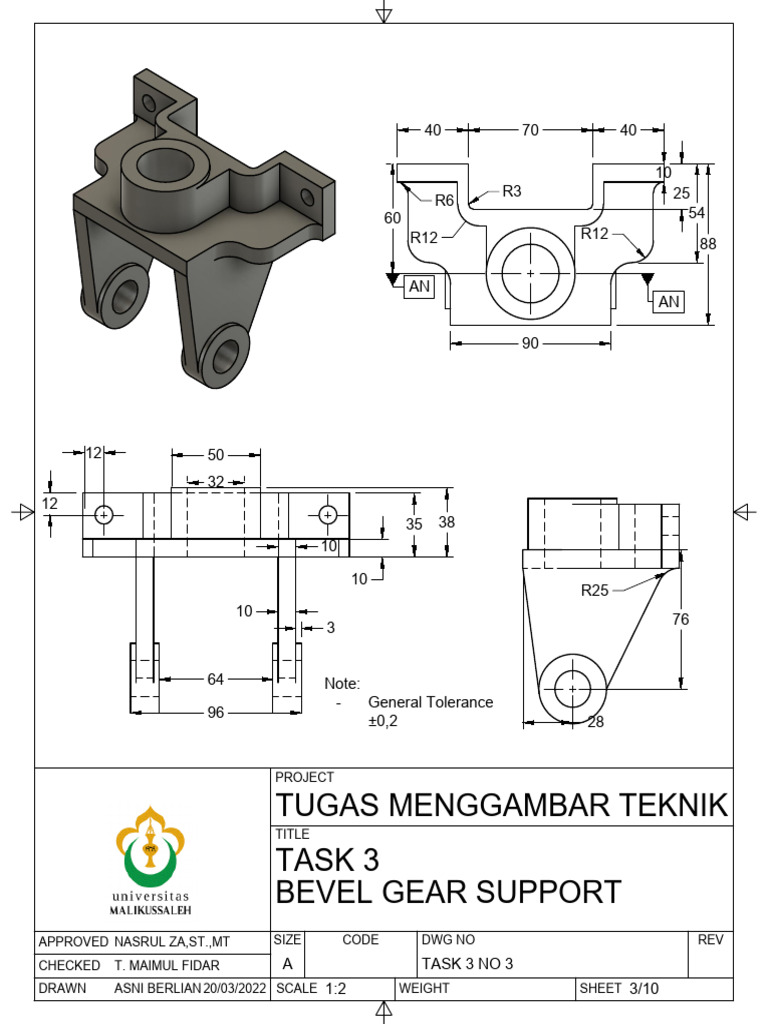 TASK 3. 3 BEVEL GEAR SUPPORT Drawing v8 ASNI | PDF