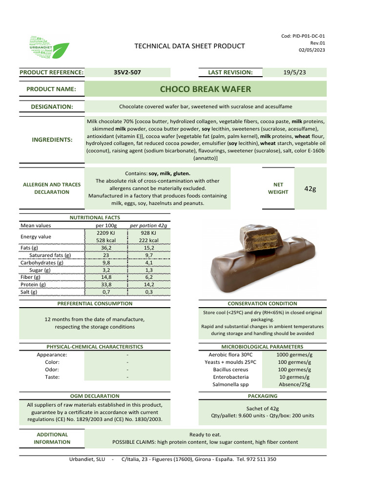 35V2-507 - TDS CHOCO BREAK WAFER W-Soy - 190523 | PDF | Soybean | Sugar ...