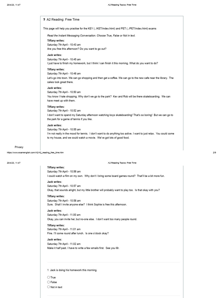A2 Reading Topics - Free Time | PDF