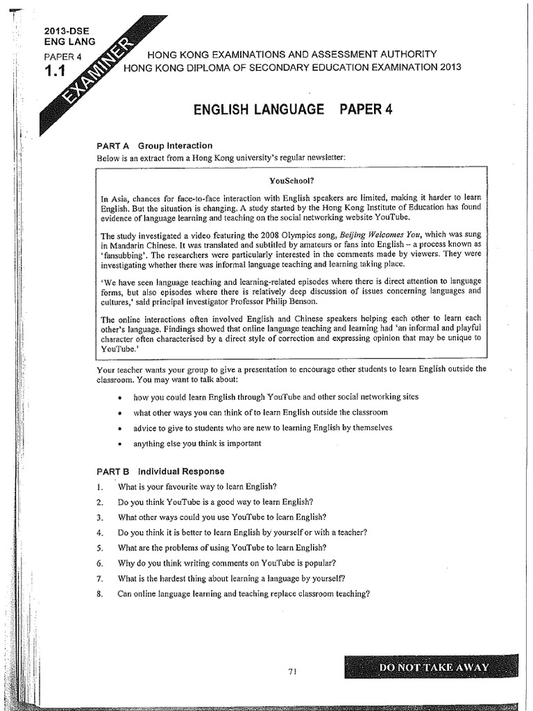 2013 HKDSE ENG Paper 4 Examiner | PDF