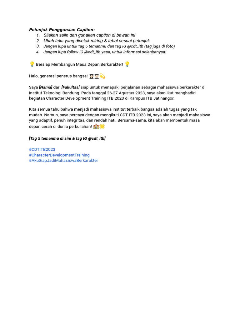 Caption Twibbon Trainee CDT ITB 2023 | PDF