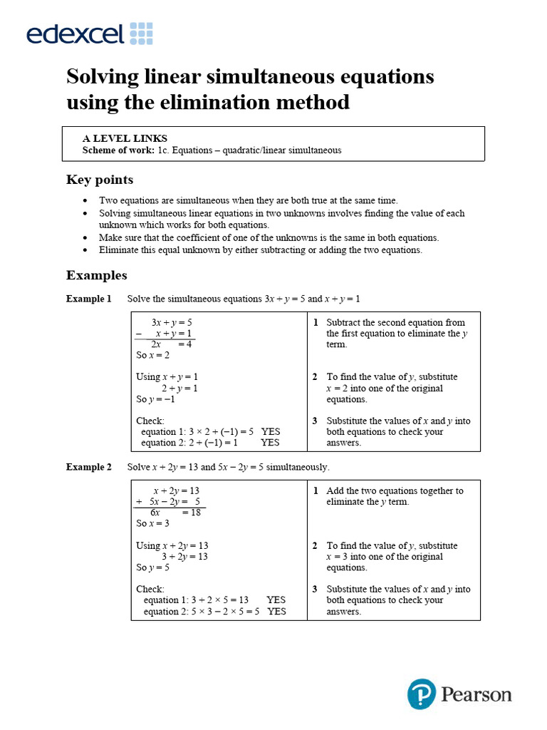 1c-1 Solving Linear Simultaneous Equations | PDF | Equations | Quadratic Equation