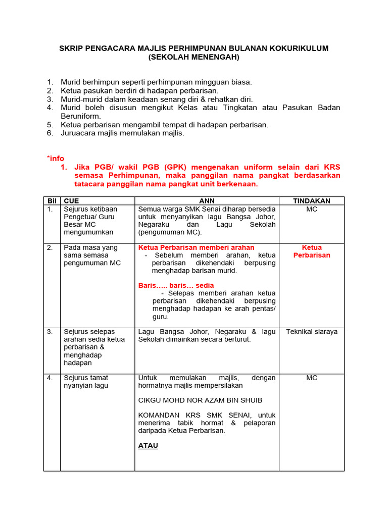 Skrip Pengacara Majlis Perhimpunan Bulanan Kokurik | PDF