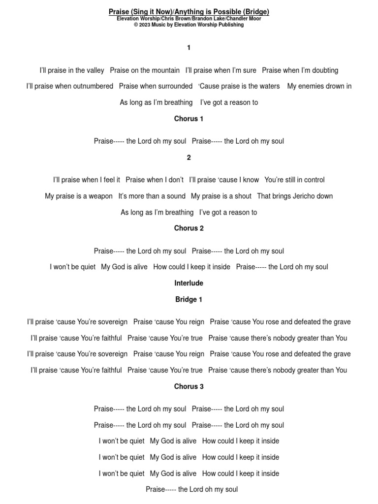 Lyrics - Praise, Anything Is Possible (Bridge) | PDF
