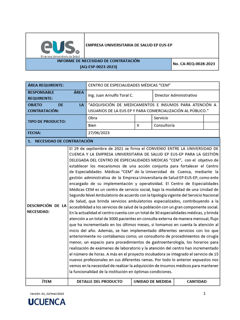 Informe de Necesidad de Contratación CA-REQ-0028-2023-signed | PDF ... Informe de Necesidad de Contratación CA-REQ-0028-2023-signed | PDF ...