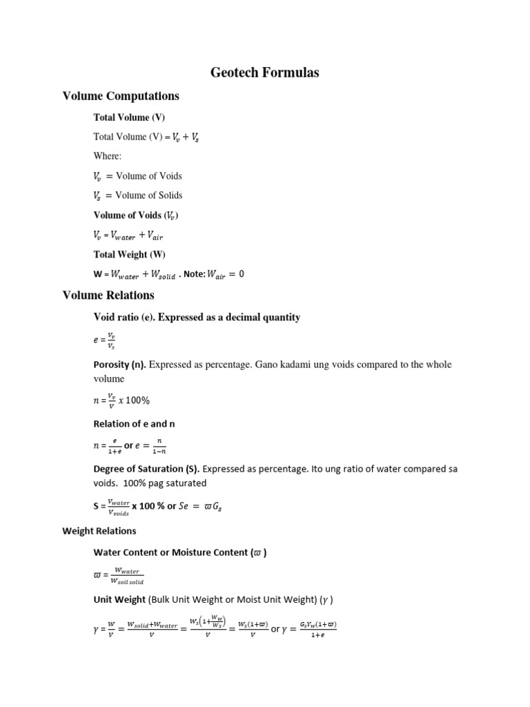 Geotech Formulas | PDF | Continuum Mechanics | Earth Sciences