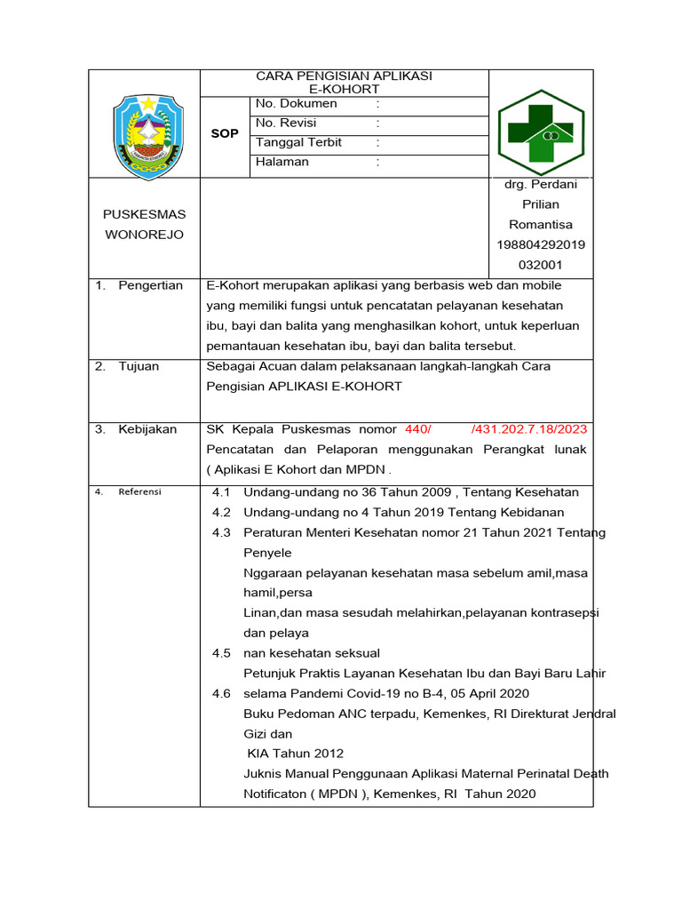 SOP PENGISIAN APLIKASI E- KOHORT | PDF