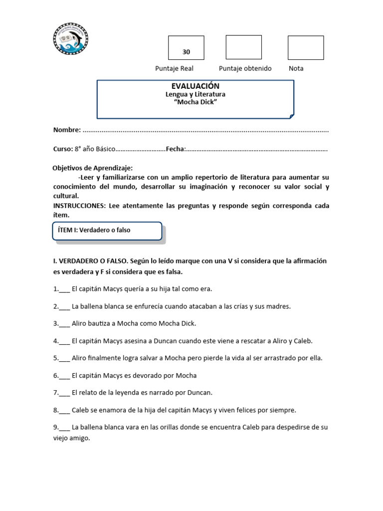 Prueba de Mocha Dick 8° 2023 | PDF