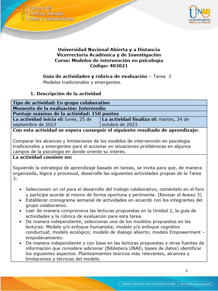 Guía de Actividades y Rúbrica de Evaluación - Unidad 2 - Tarea 3 - Modelos Tradicionales y ...