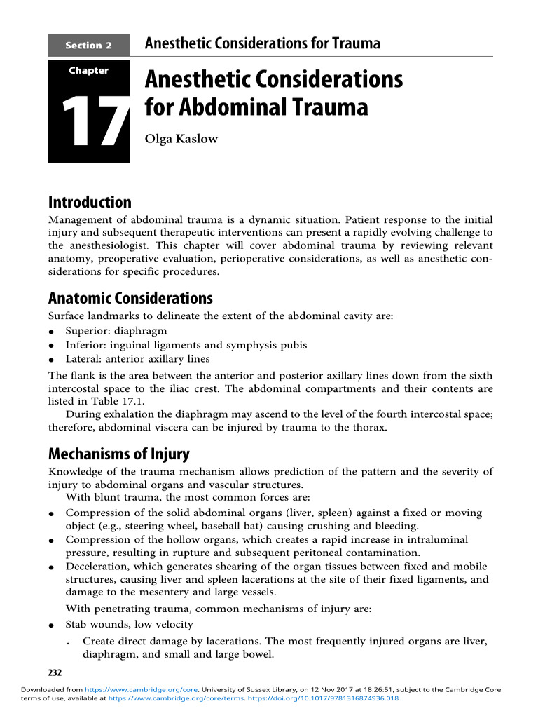 Anesthetic Considerations For Abdominal Trauma | PDF | Injury | Anesthesia