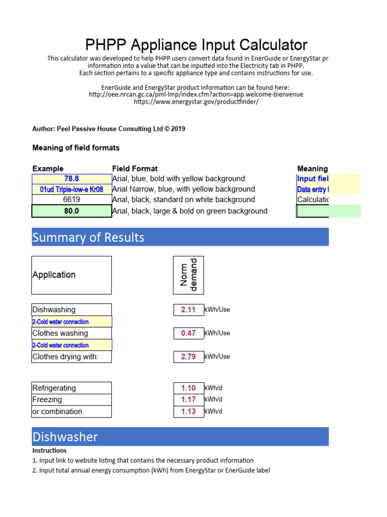 PHPP Appliance Input Calculator | PDF | Refrigerator | Home Appliance