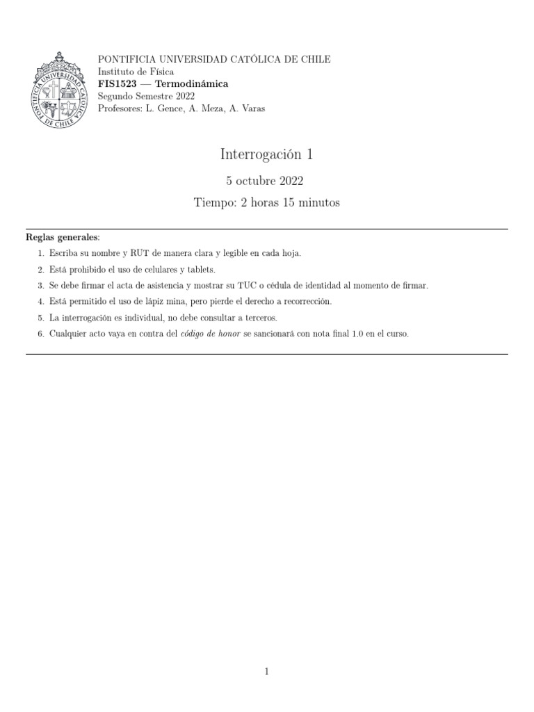 I1 Fis1523 2022-2 | PDF | Gases | Termodinámica