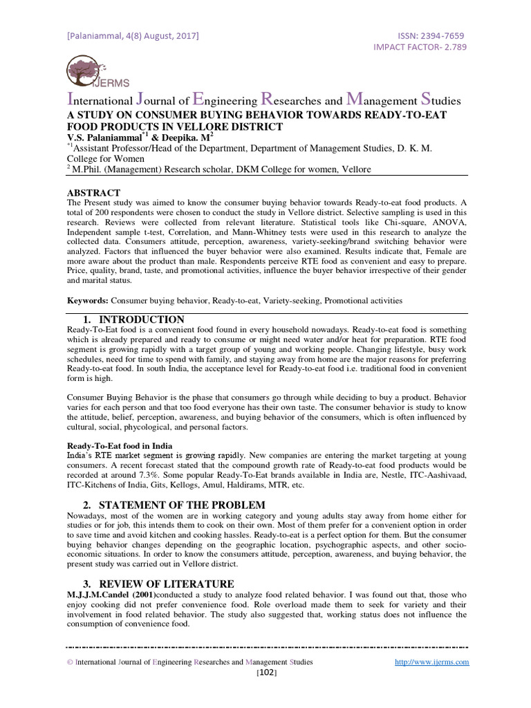 A Study On Consumer Buying Behavior Towards Ready-To-Eat Food Products ... A Study On Consumer Buying Behavior Towards Ready-To-Eat Food Products ...