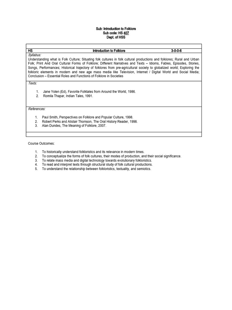 Introduction To Folklore (HS 407) Syllabus | PDF