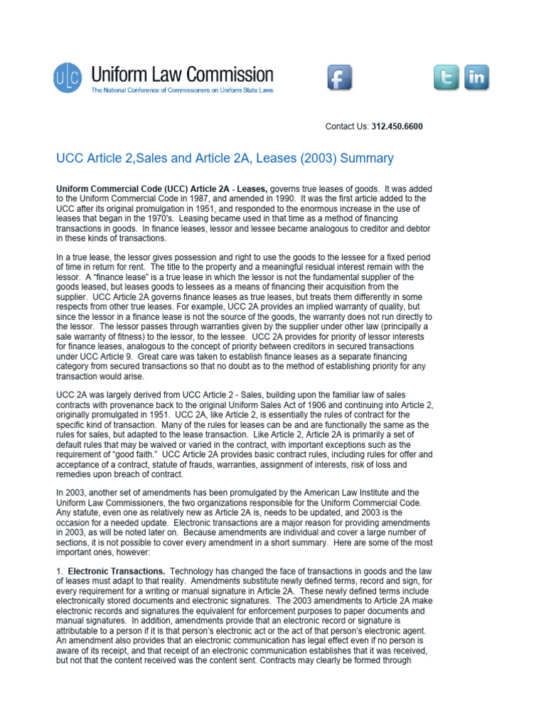 UCC Article 2, Sales | PDF | Uniform Commercial Code | Lease