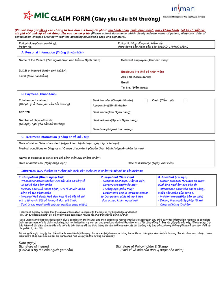 MẪU CLAIM FORM MIC-2023 | PDF