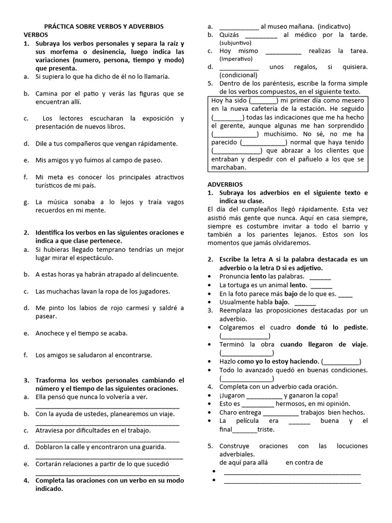 Ejercicios de Verbos y Adverbios | PDF | Adverbio | Sintaxis