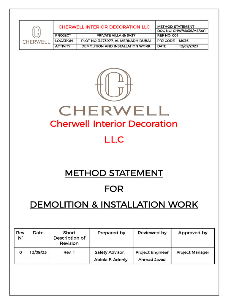 Method of Statement For Demolition & Installation | PDF | Emergency ...
