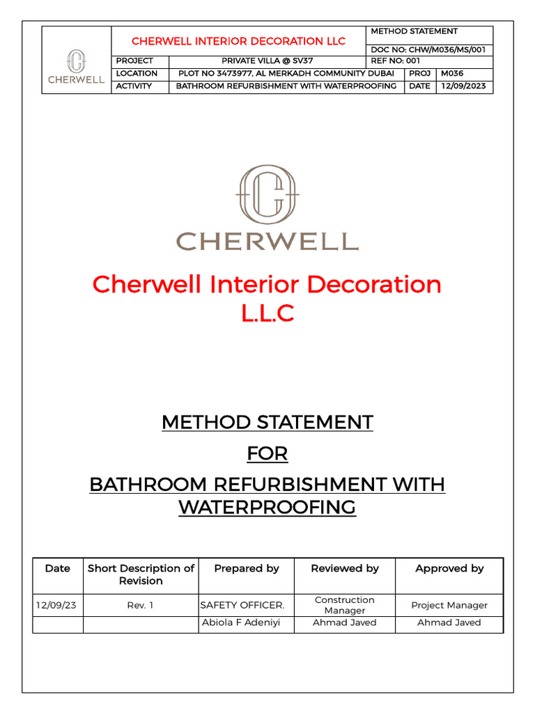 Method Statement For Bathroom Refurbishment | PDF | Drywall | Tile