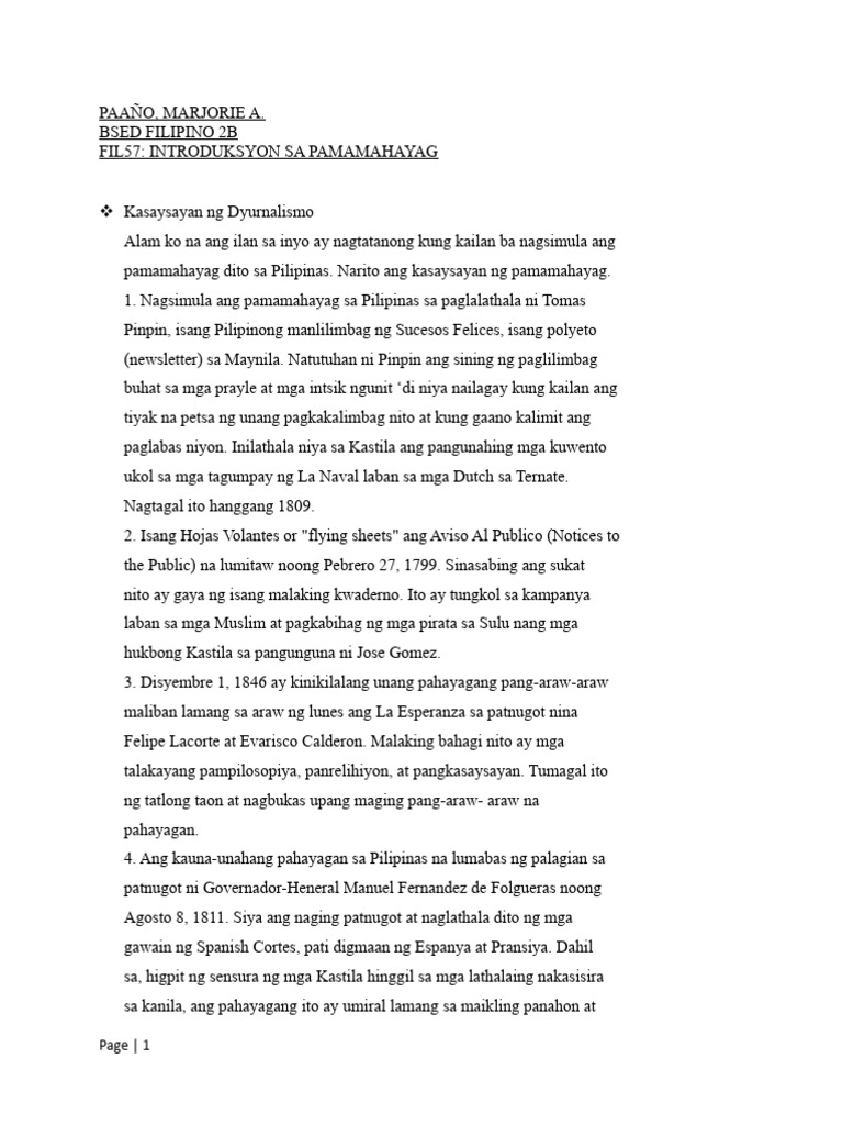 Introduksyon Sa Pamamahayag Assignment | PDF