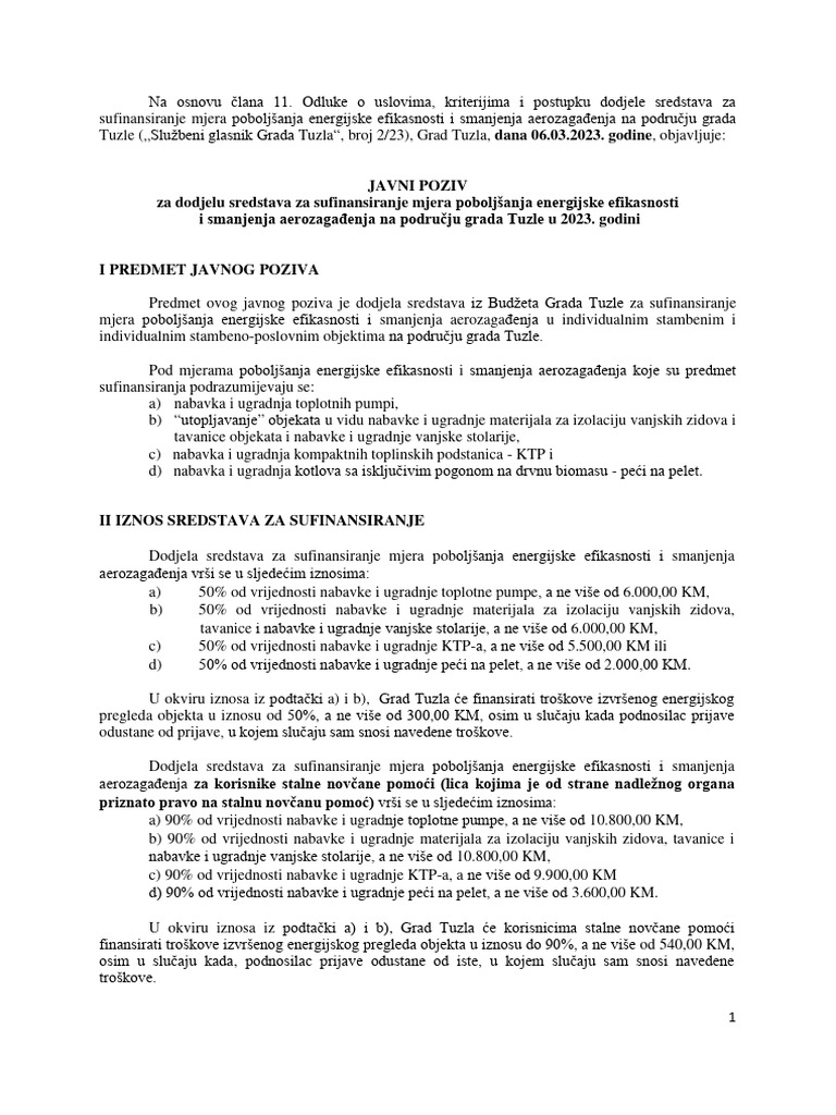 JAVNI POZIV Za Dodjelu Sredstava Za Sufinansiranje Mjera Poboljsanja Energijske Efikasnosti I ...