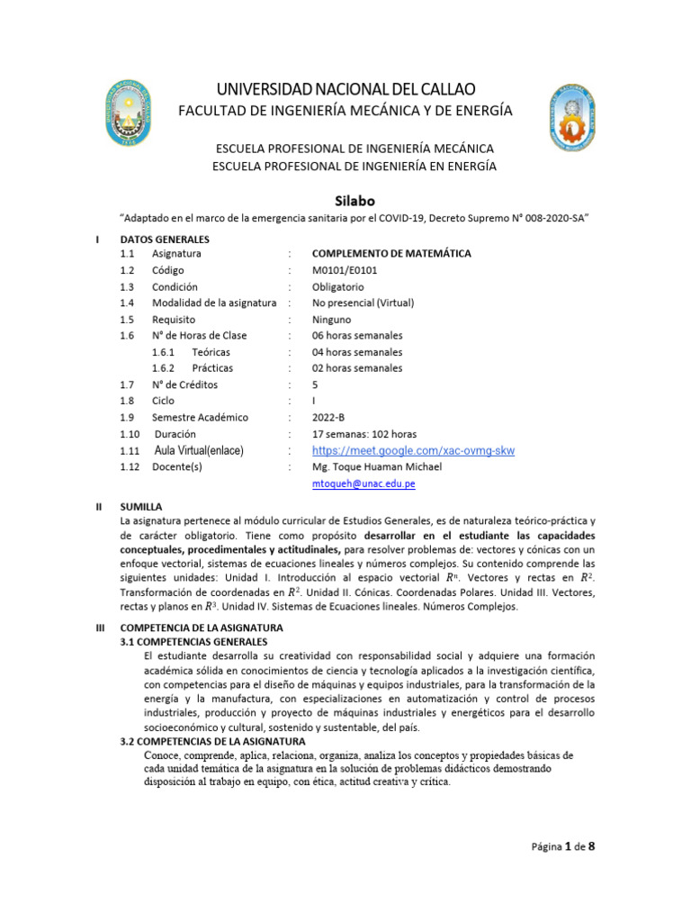 Silabo-Complemento de Matematica-2022-B | PDF | Matriz (Matemáticas) | Número complejo