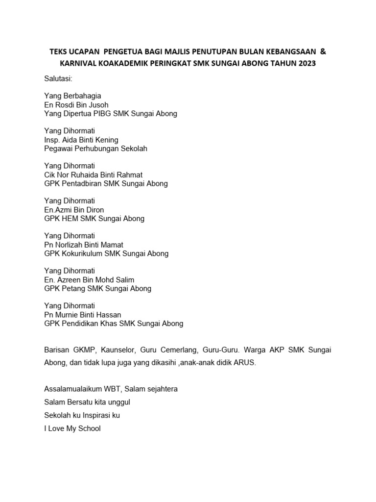 Teks Ucapan Majlis Penutupan Bulan Kebangsaan Peringkat Sekolah | PDF