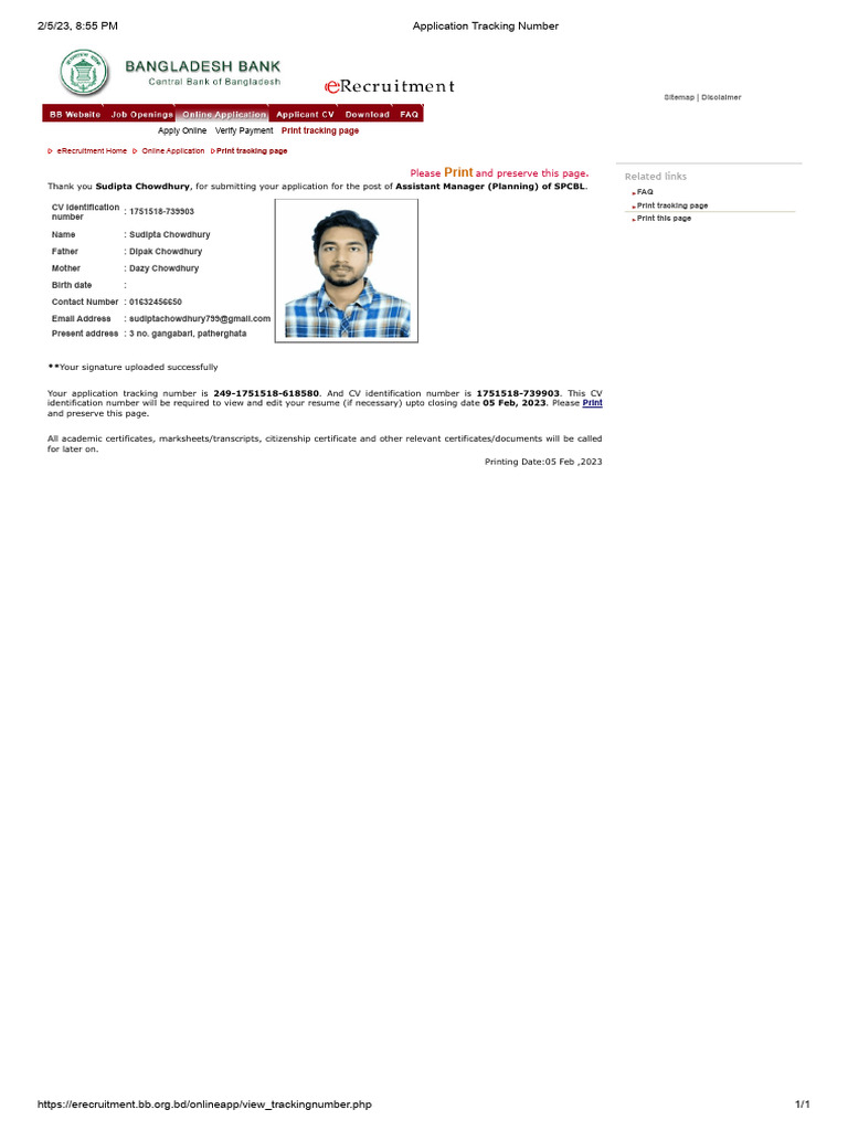 Bangladesh Bank Application Tracking Number | PDF | Business | Finance & Money Management