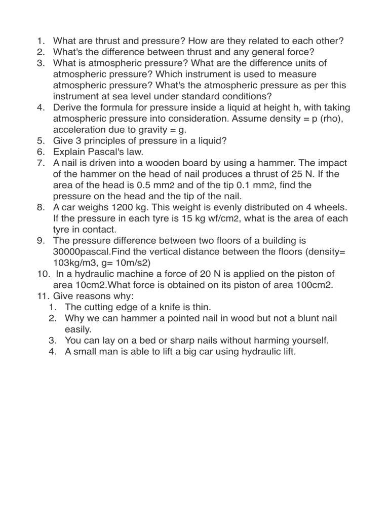 Class 9 Pressure in Fluids | PDF