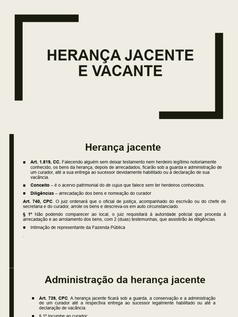 Herança Jacente e Vacante | PDF | Testamento | Herança