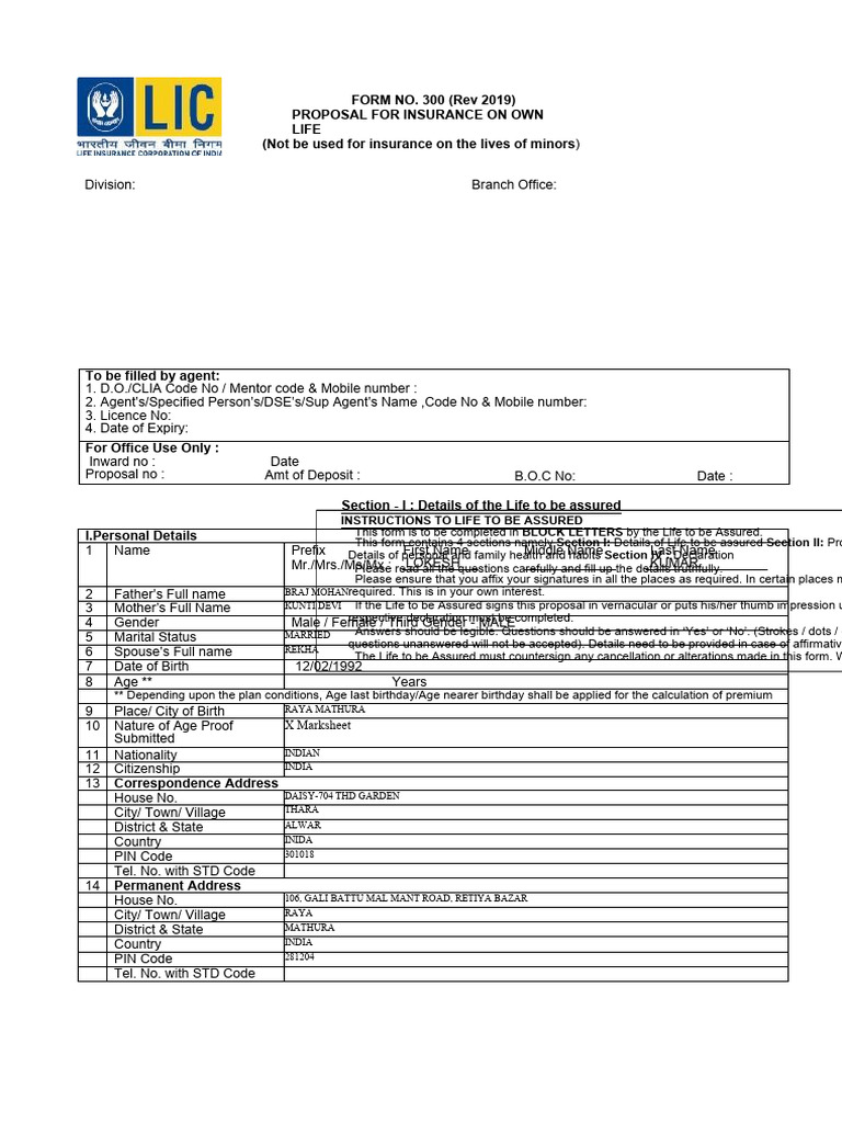 Life Insurance Proposal Form | PDF | Law