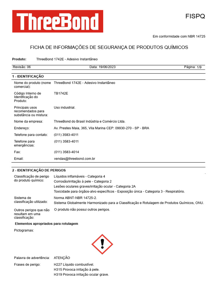 FISPQ - ThreeBond 1742E - Adesivo Instantâneo - V06 | PDF | Combustão ...