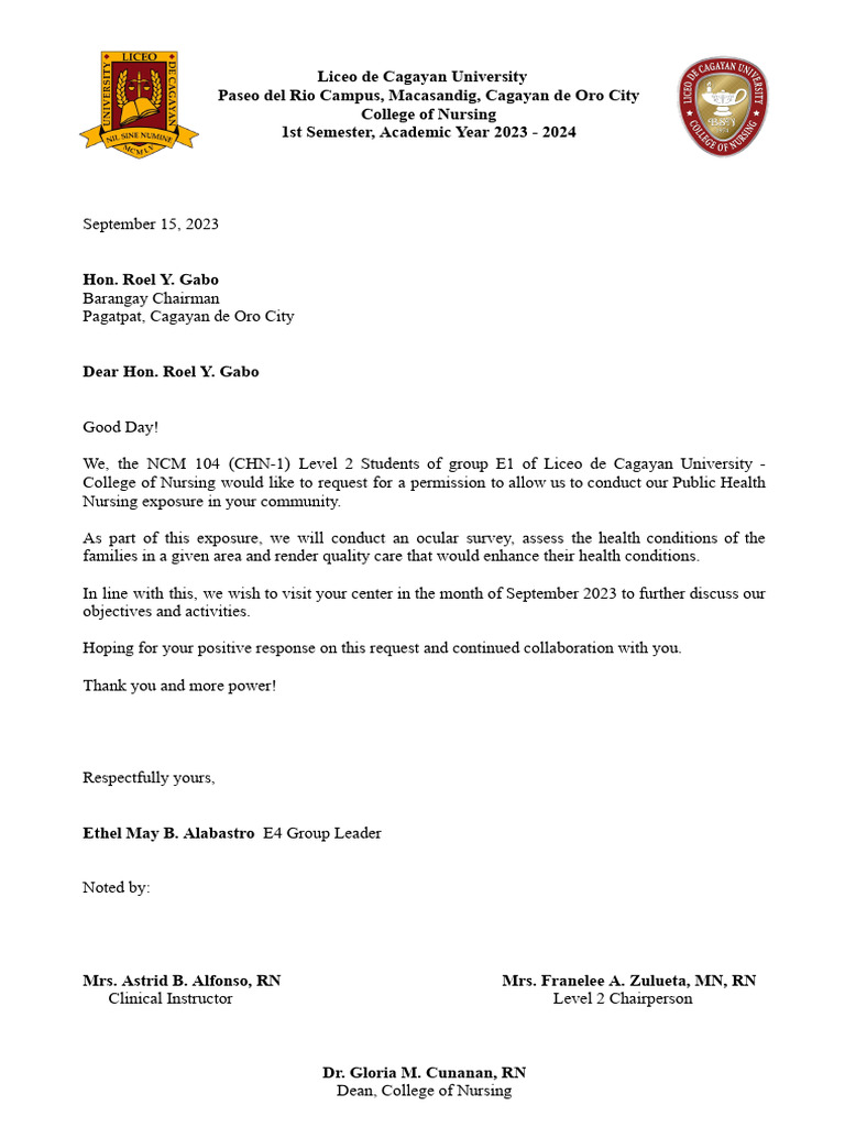 Courtesy Call Letter - CHN 1 - E1 | PDF | Self-Improvement | Wellness