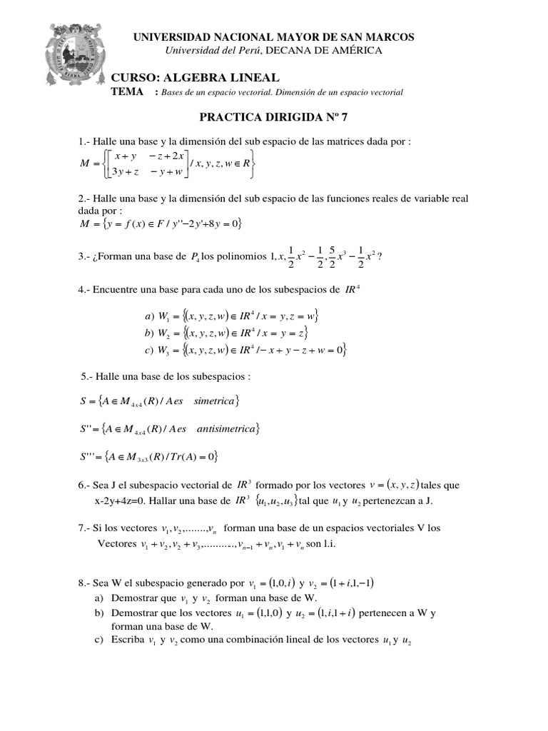 Practica Dirigida 7 - Base de Un Espácio Vectorial - Dimension de Un ... Practica Dirigida 7 - Base de Un Espácio Vectorial - Dimension de Un ...