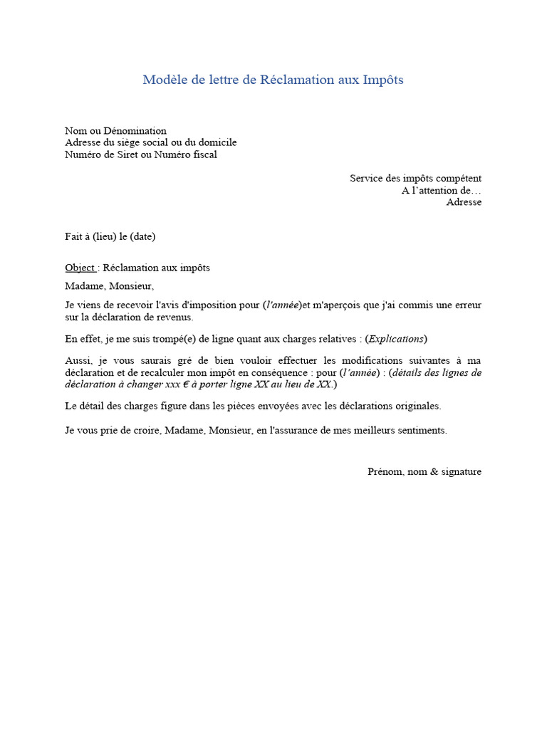 Modele de Lettre de Reclamation Aux Impots | PDF