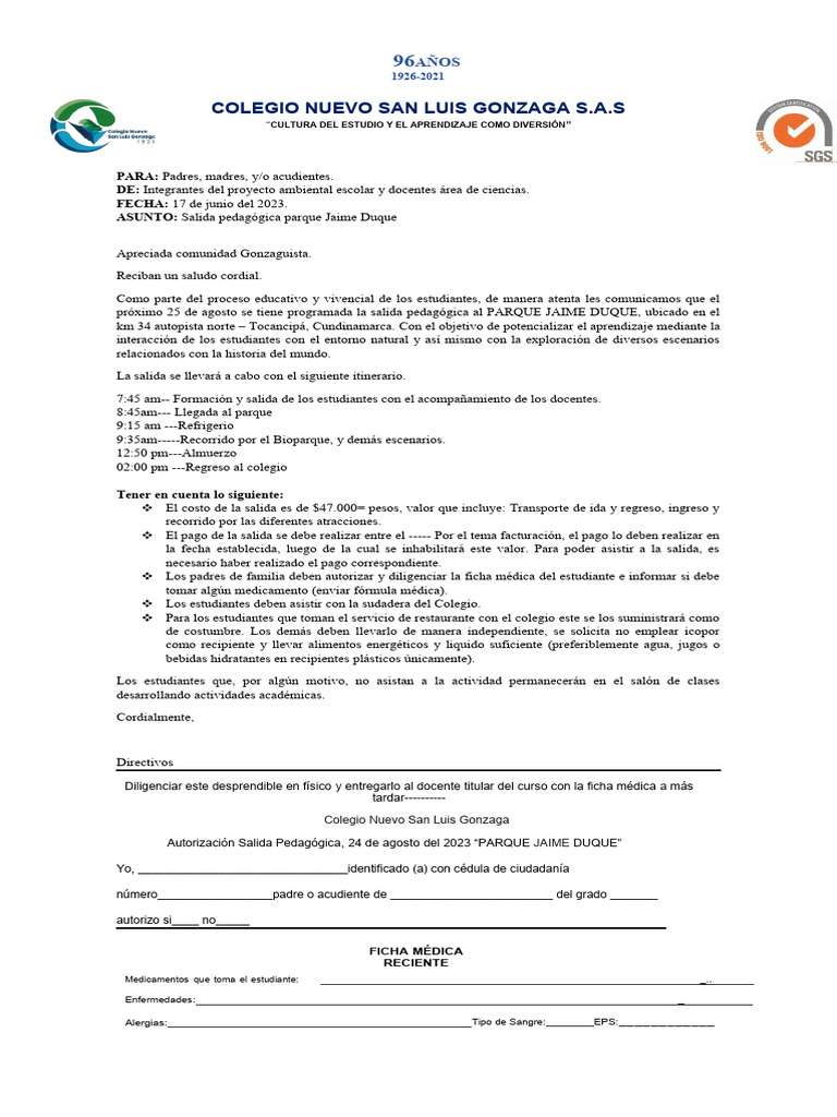 Formato Circular Salida Pedagógica | PDF