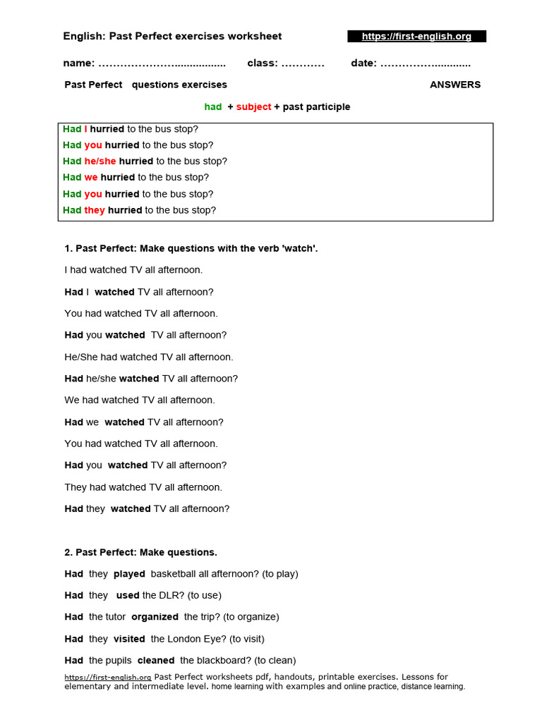Past Perfect 20 Questions Exercises PDF Answers | PDF | Foreign ...