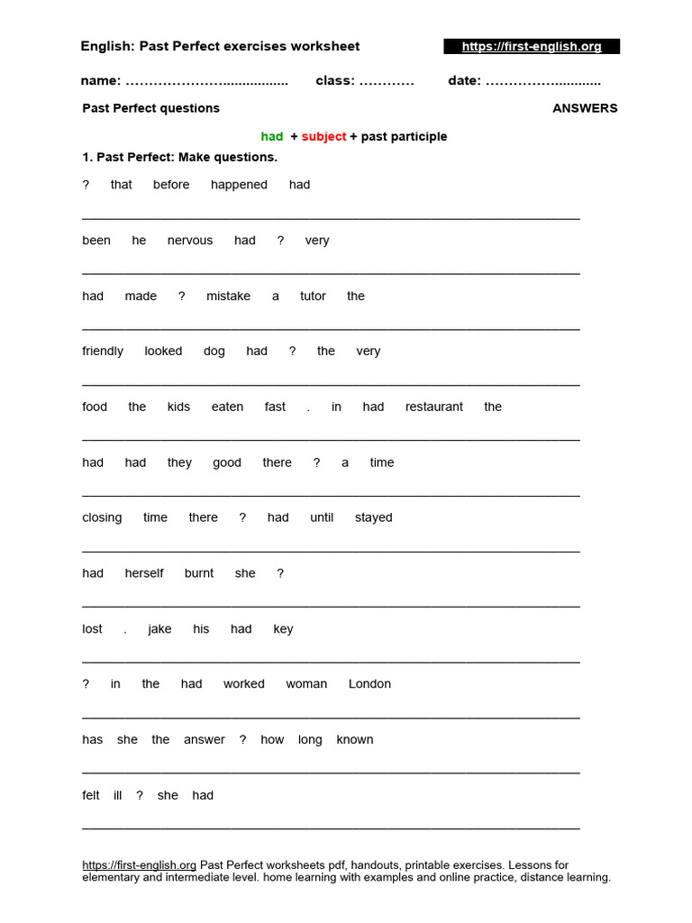 Past Perfect 30 Questions Exercises Examples | PDF | Linguistics | Grammar