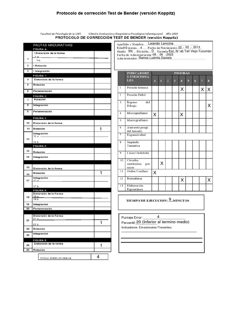 Protocolo de Corrección Test de Bender Escuela (Versión Koppitz) | PDF