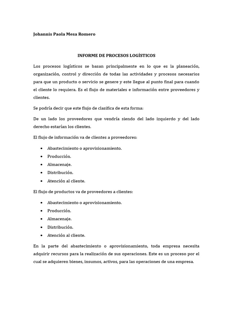 INFORME DE PROCESOS LOGÍSTICOS | PDF | Logística | Business