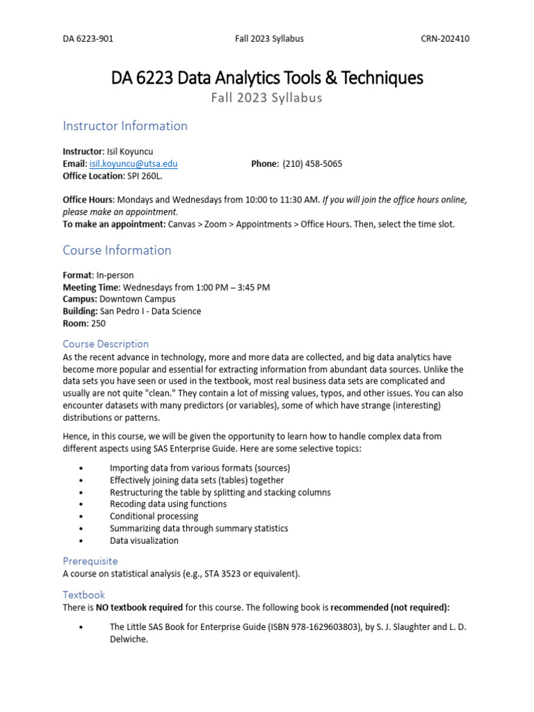 DA 6223 Fall 2023 Syllabus and Tentative Course Schedule | PDF | Sas (Software) | Data