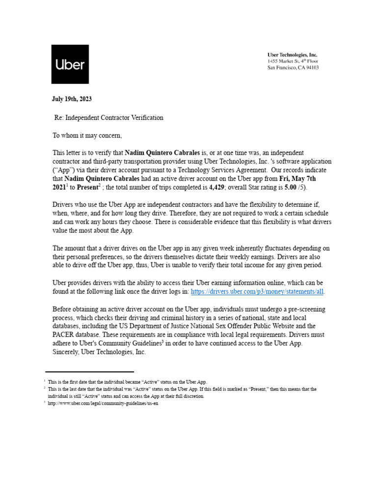 Uber Independent Contractor Verification Letter | PDF